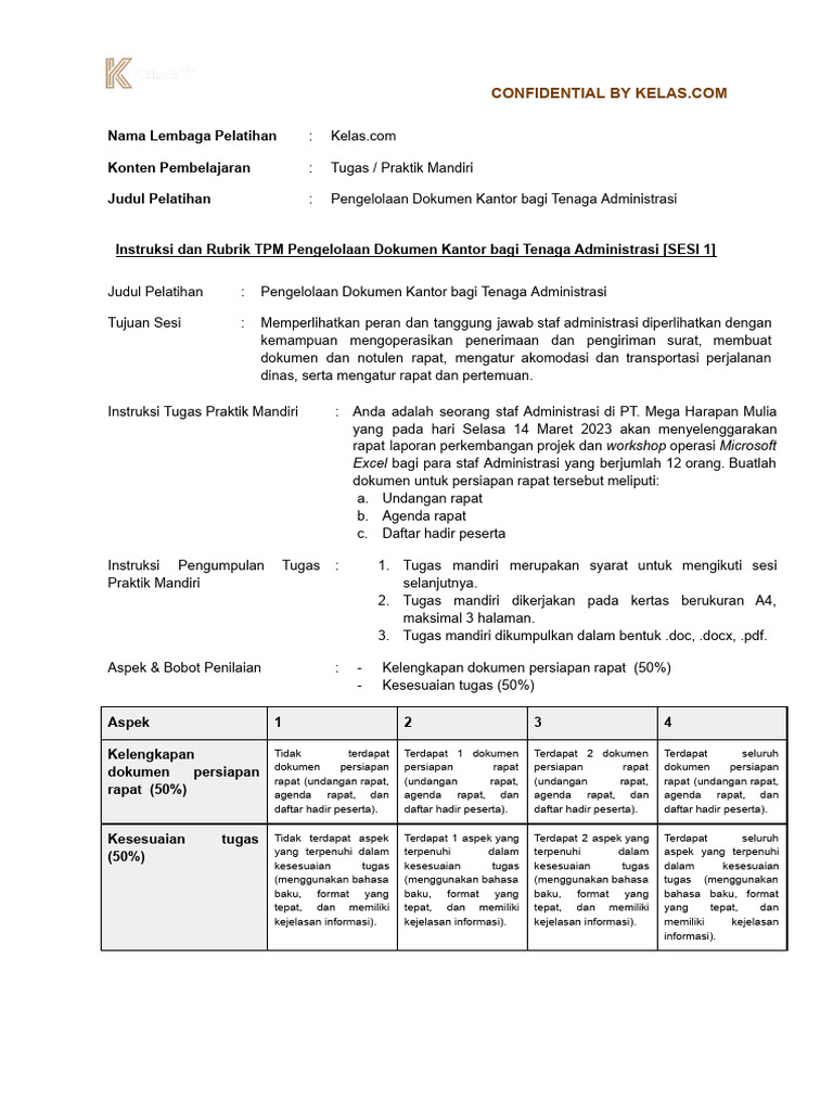TPM (SESI 1) Rubrik TPM - Kelas - Com - Pengelolaan Dokumen Kantor Bagi Tenaga Administrasi | PDF