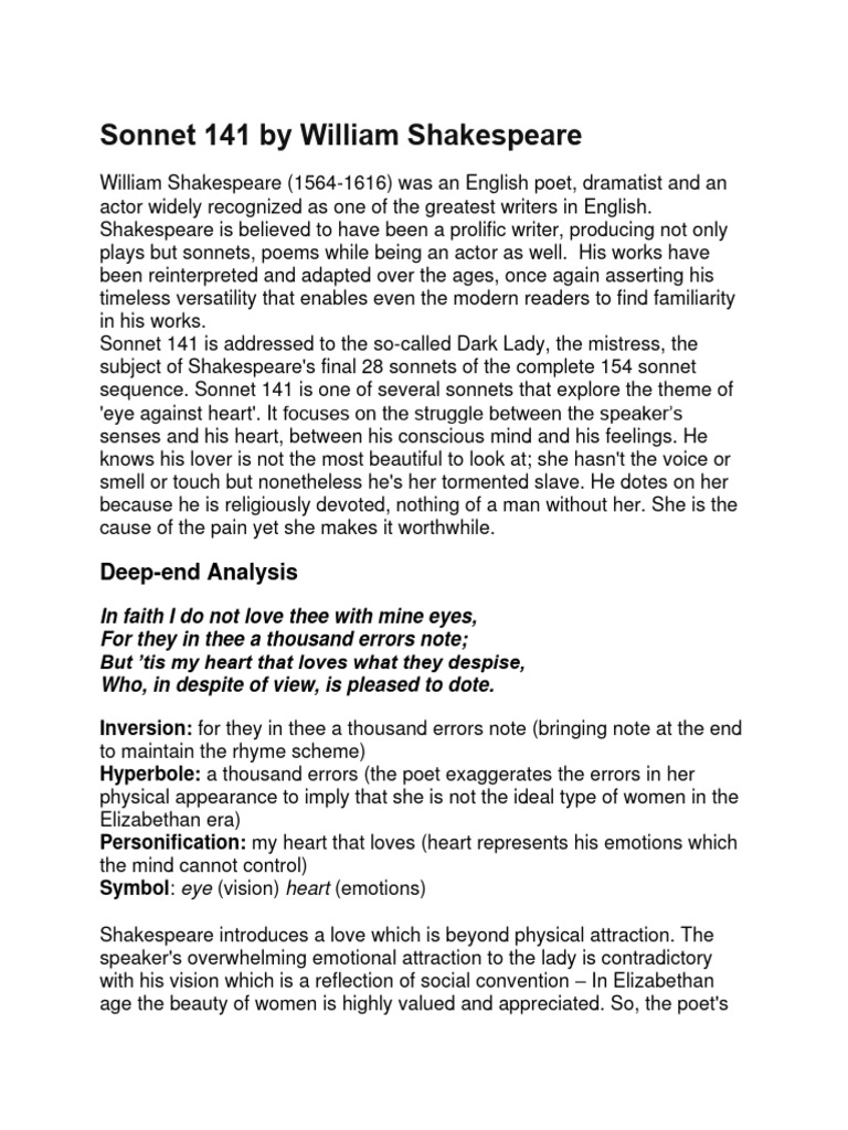 Sonnet 141 by William Shakespeare | PDF | Shakespeare's Sonnets | Sonnets