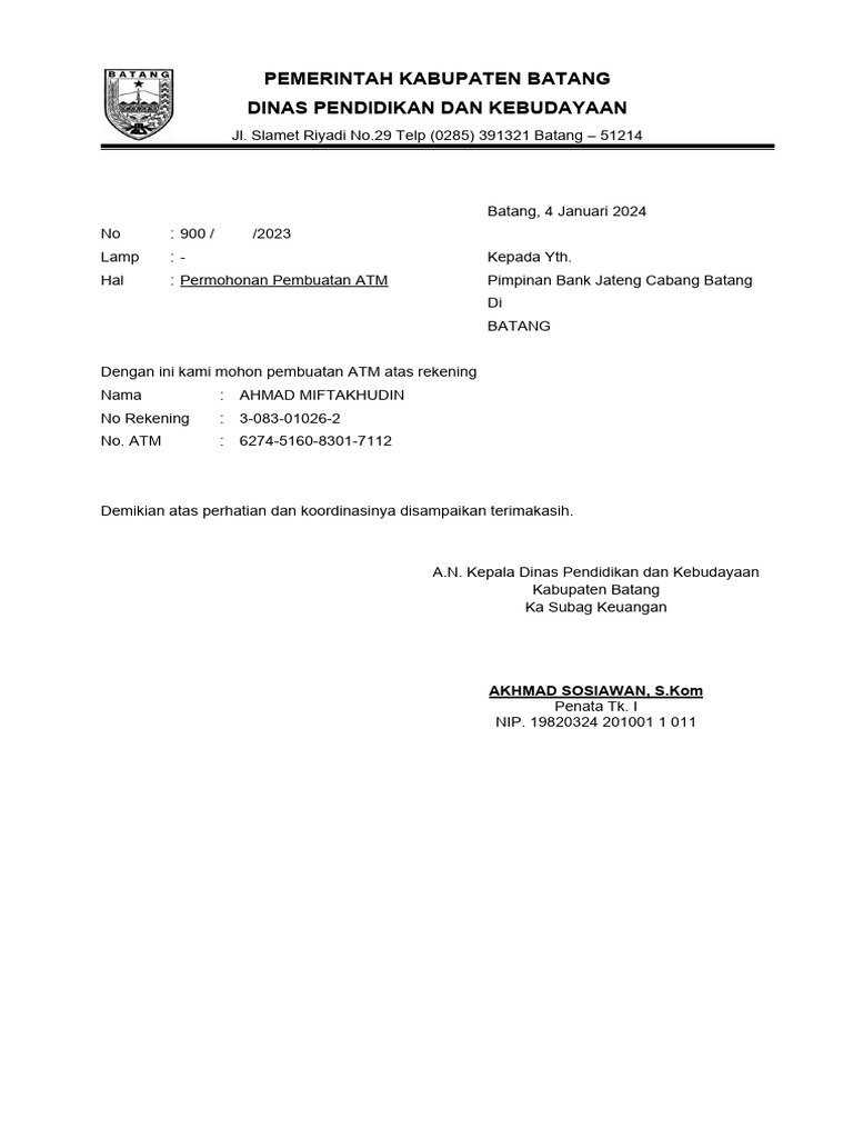 Surat Permohonan Pembuatan Atm | PDF