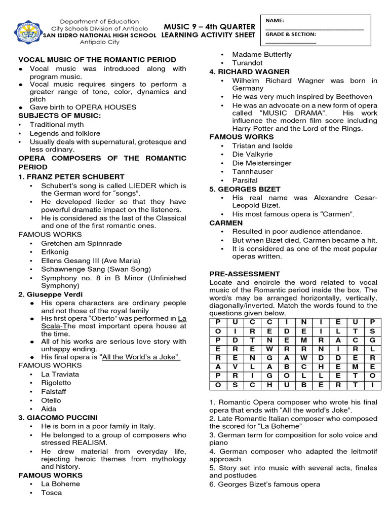 Learners Activity Sheets in Music 9 4th Quarter | PDF | Opera | Richard ...