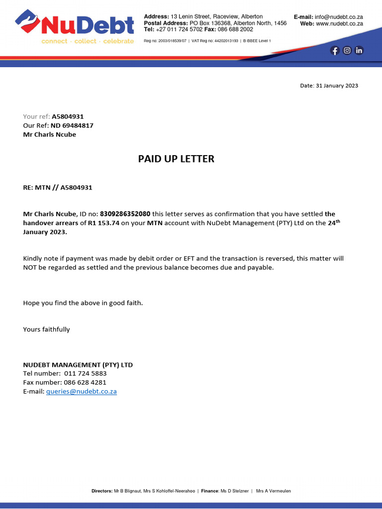 MTN Paid Up Letter. | PDF