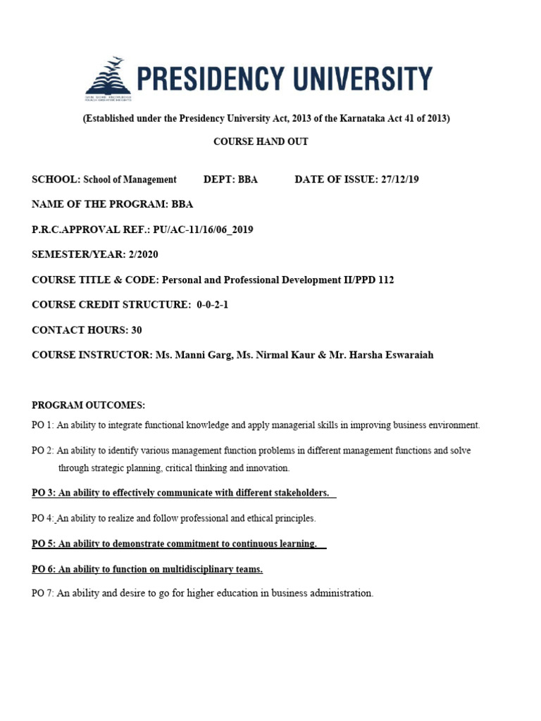 Course Handout - PPD 112 - Personal and Professional Development II - BBA - 2019 Batch | PDF ...