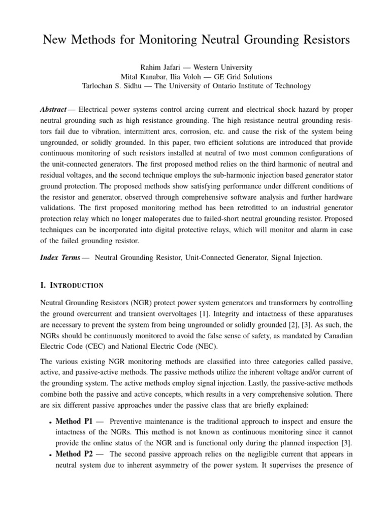 New Methods for Monitoring Neutral Grounding Resistors | PDF | Relay ...