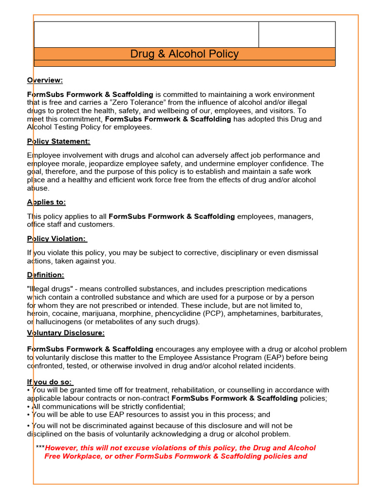 Drug and Alcohol Policy | PDF | Substance Abuse