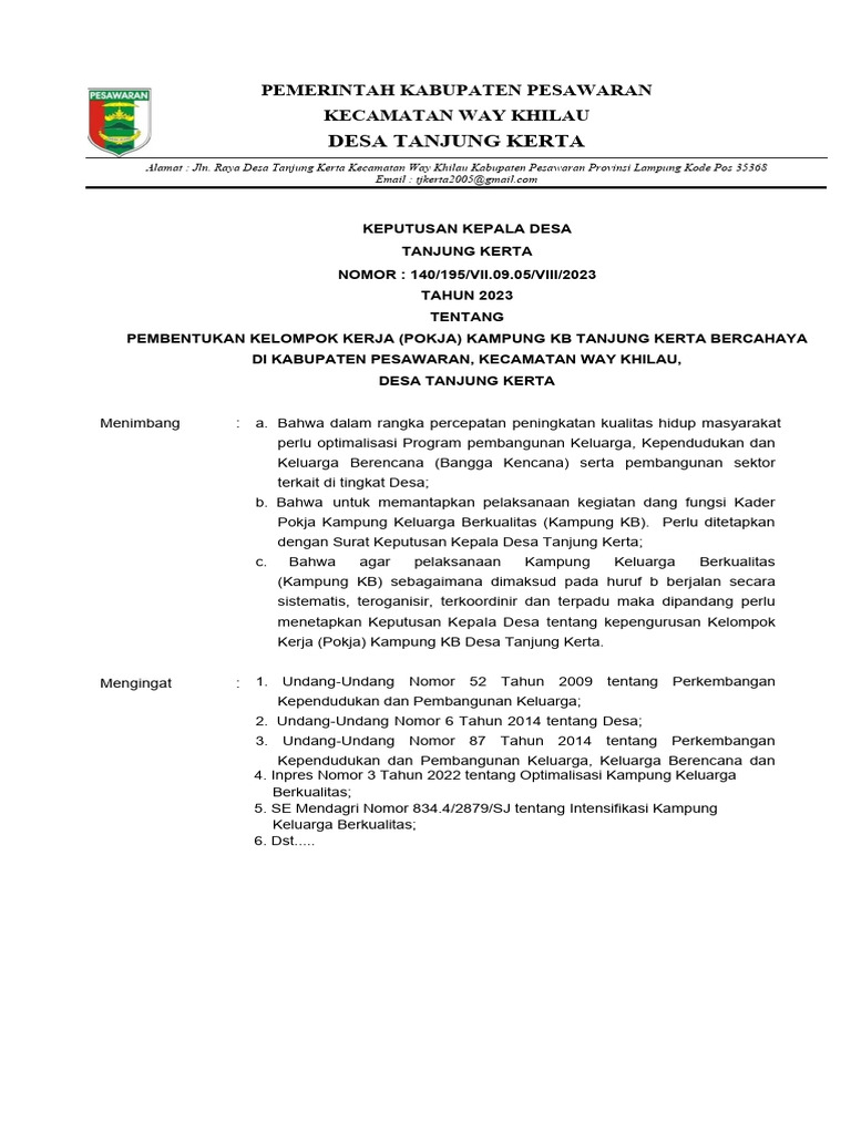 SK Pokja Kampung KB Desa Tanjung Kerta Kec. Way Khilau Kab. Pesawaran ...