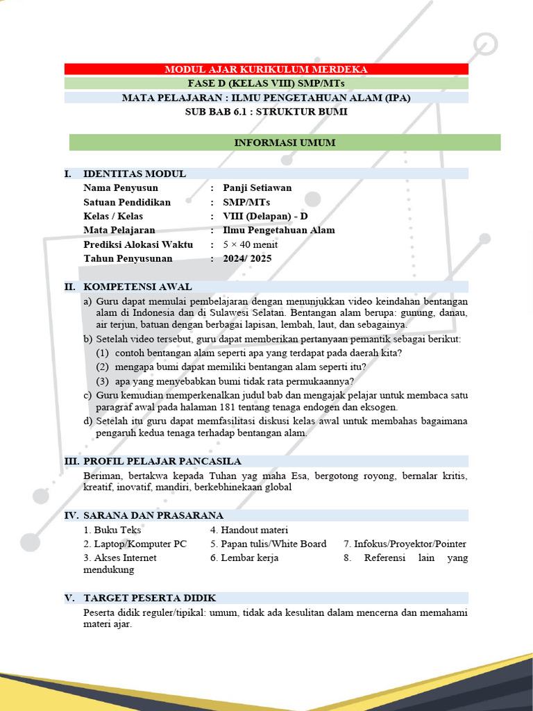 Modul Ajar Struktur Bumi Kelas 8 | PDF
