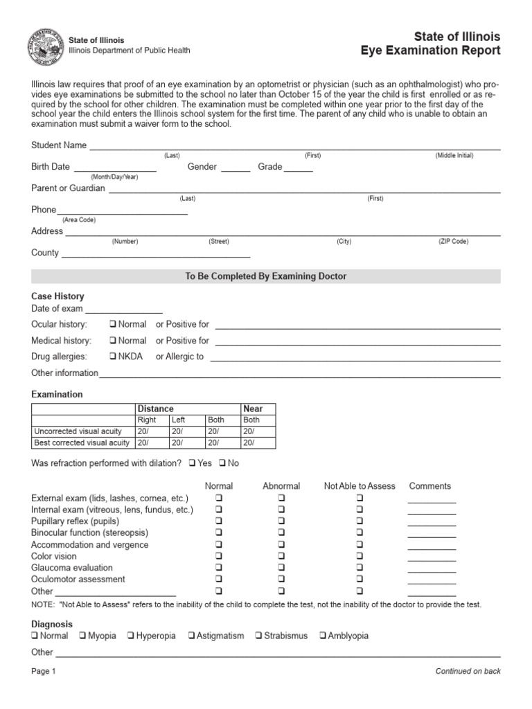 Illinois Eye Examination Report Form | PDF | Ophthalmology | Vision