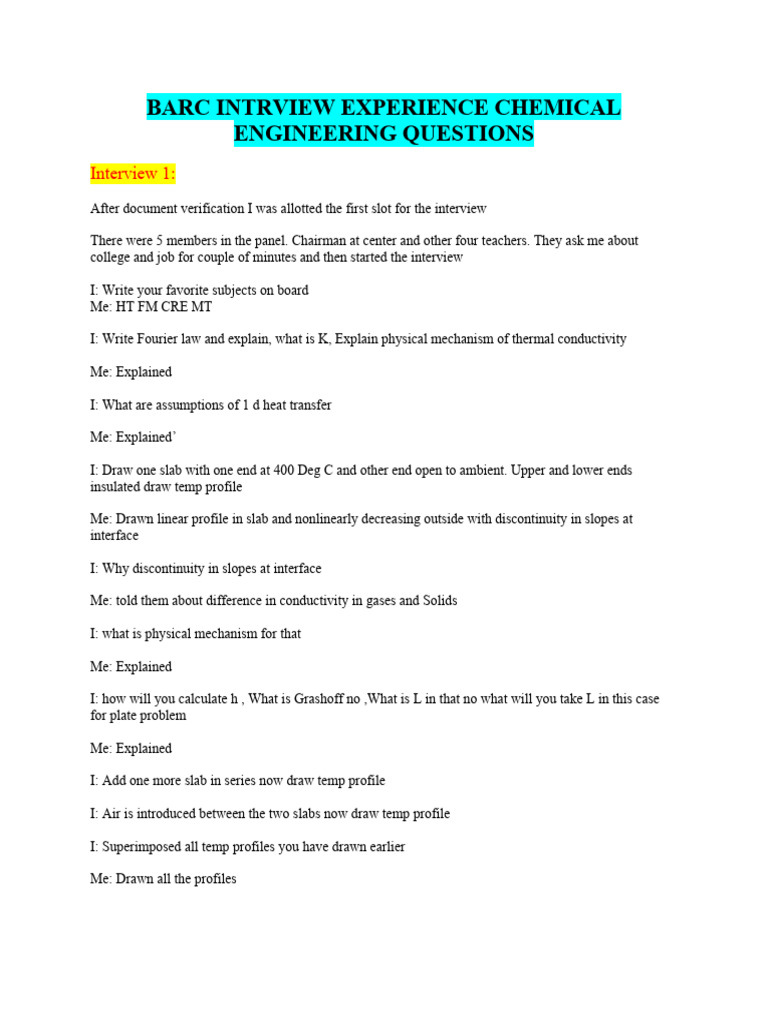 Barc Intrview Experience Chemical Engineering Questions | PDF ...