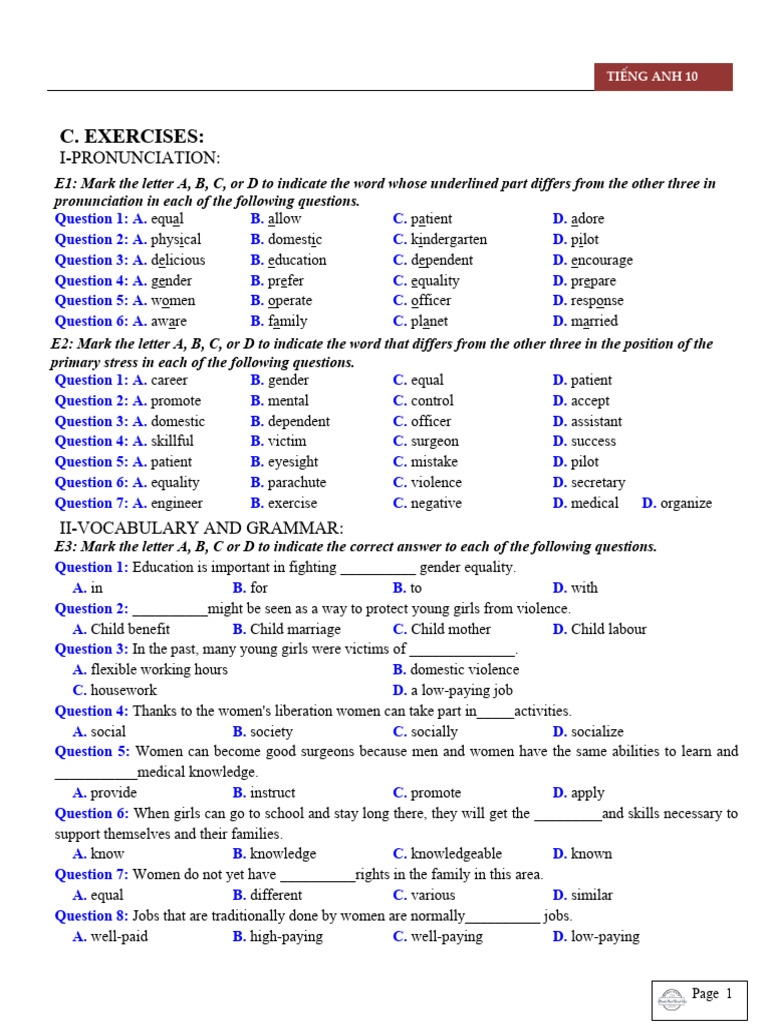 English Exercises for Grade 10 Students | PDF | Gender Inequality | Gender Studies