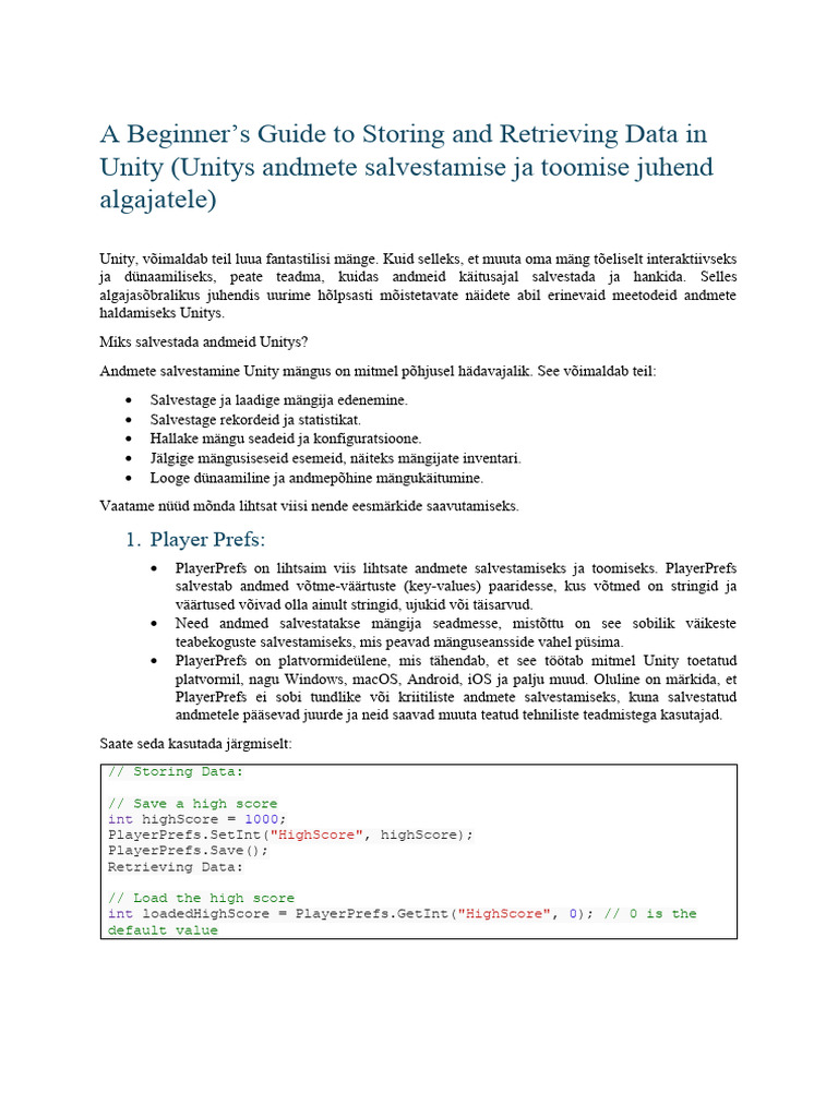 Unitys Andmete Salvestamise Ja Toomise Juhend Algajatele | PDF