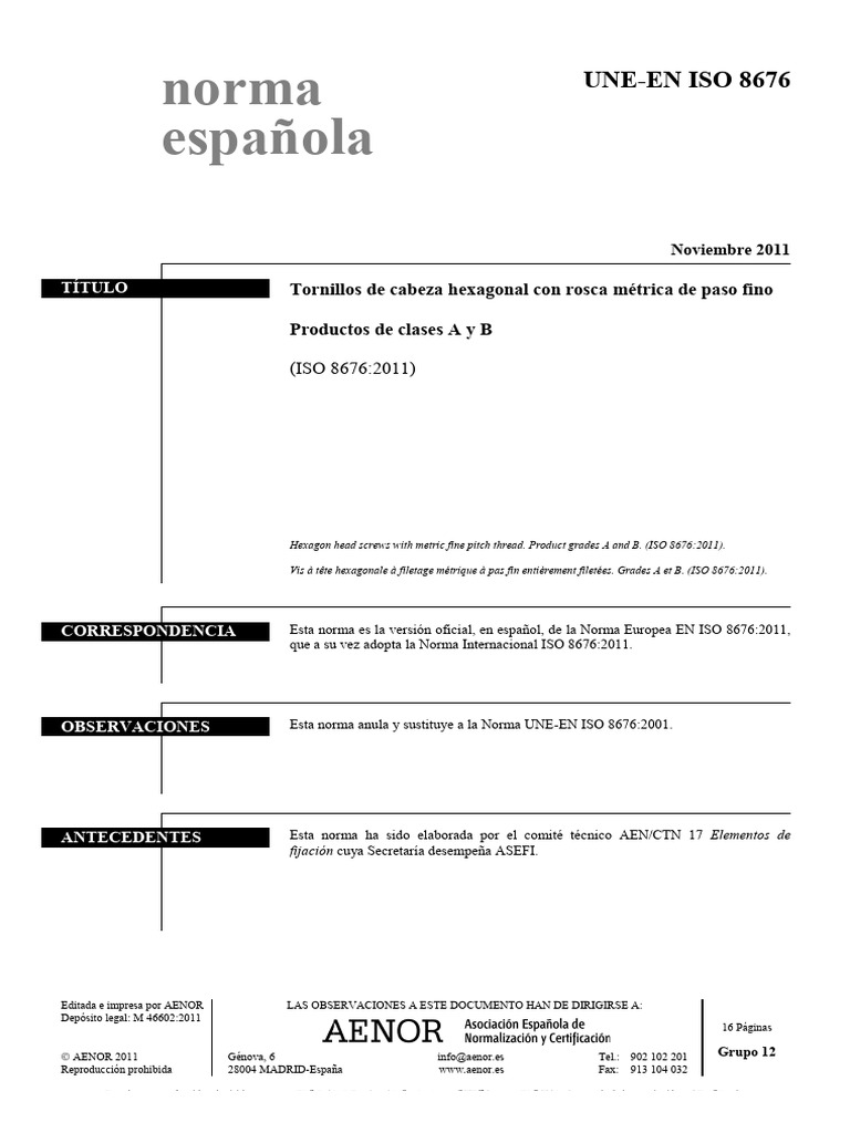 UNE-EN ISO 8676 2011 Tornillos de Cabeza Hexagonal Con Rosca Métrica de ...