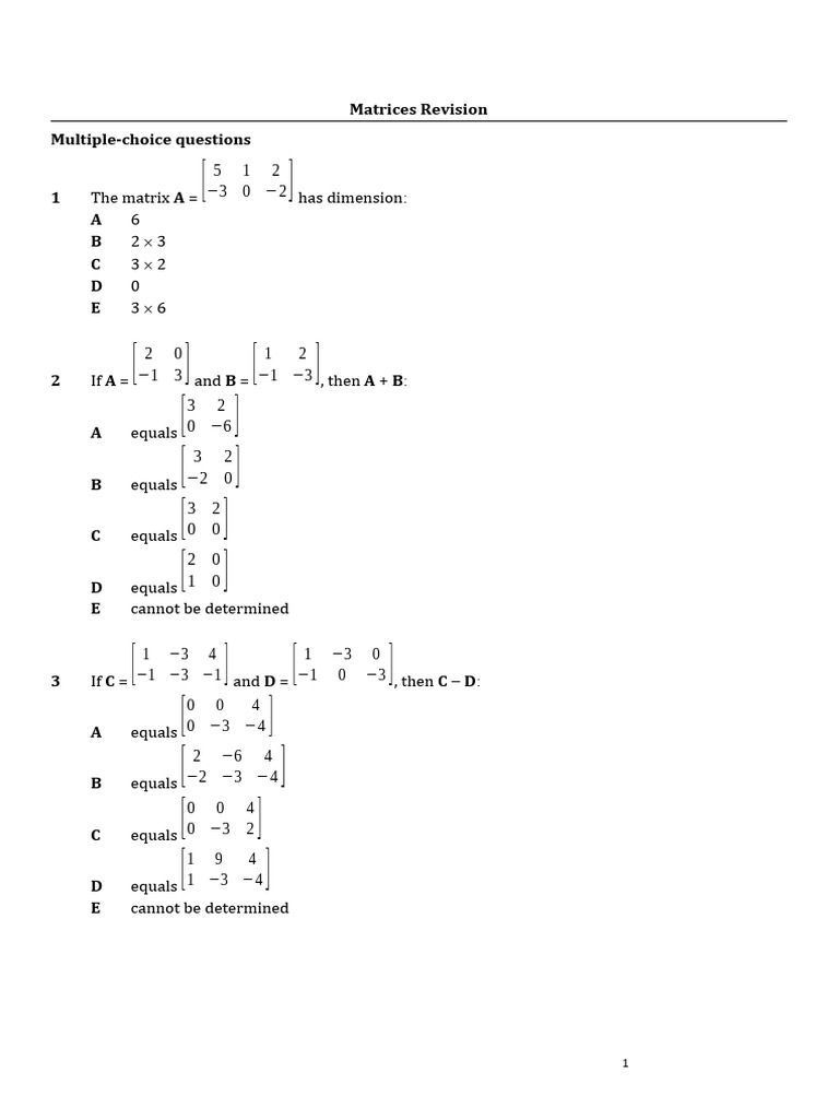 Matrices Revision Year 11 | PDF | Matrix (Mathematics) | Determinant