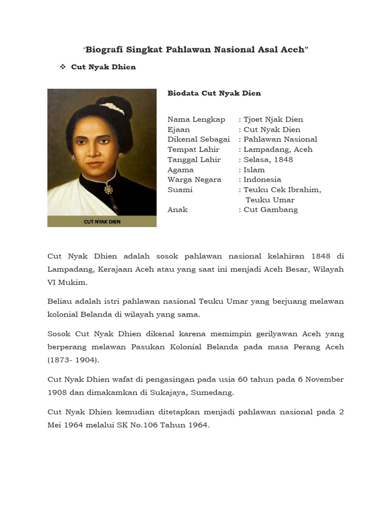 Biografi Singkat Pahlawan Nasional Asal Aceh | PDF
