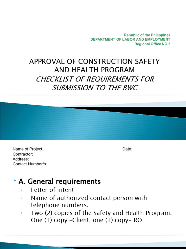 DOLE Construction Safety Program Checklist | PDF | Occupational Safety ...