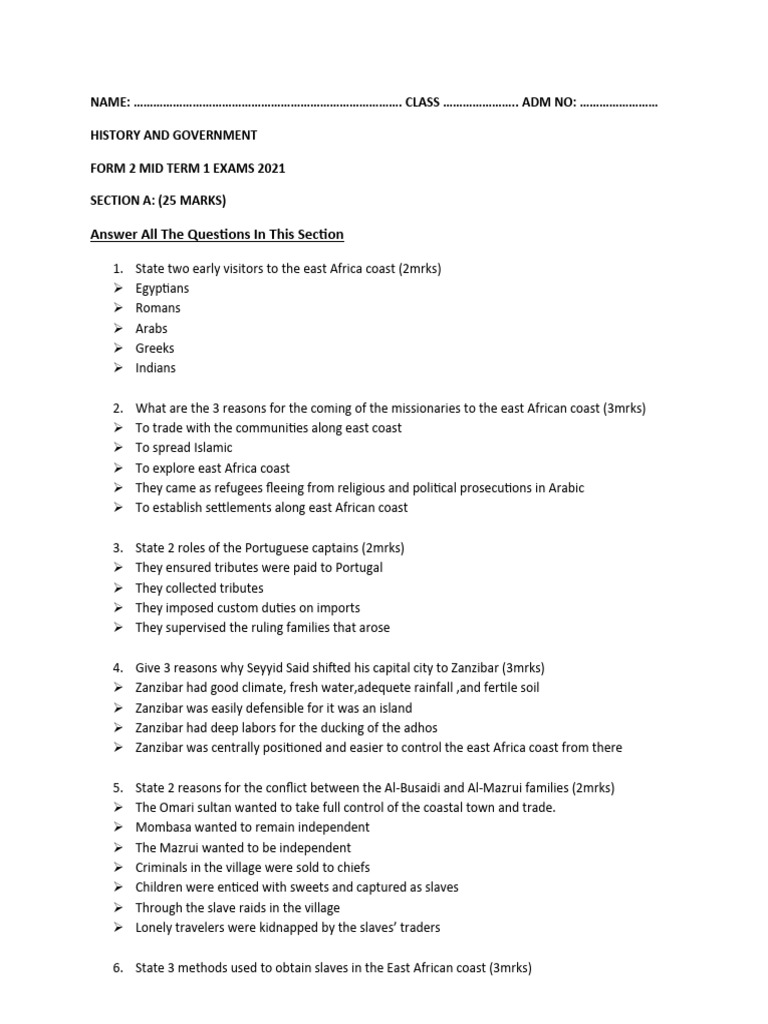 Set1 Hist Set 1 Ms MidTerm 1 2021 Teacher - Co .Ke F2 Exam | Download Free PDF | East Africa | Trade