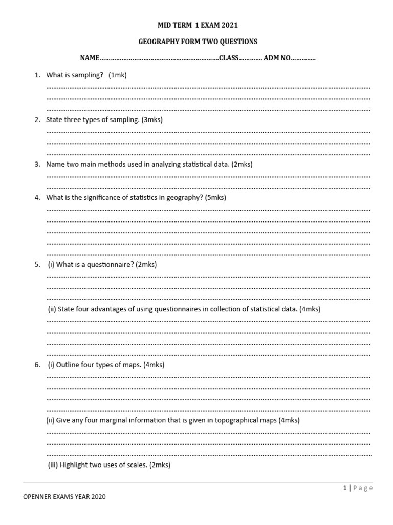 Set1 Geo Qsns MidTerm 1 2021 Teacher - Co .Ke F2 Exam | PDF | Statistical Theory | Science