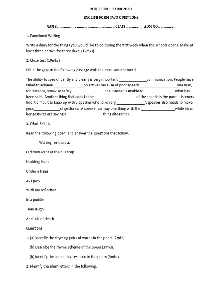 Set1 Eng MidTerm 1 2021 Teacher - Co .Ke F2 Exam | PDF | Human Communication | Grammar