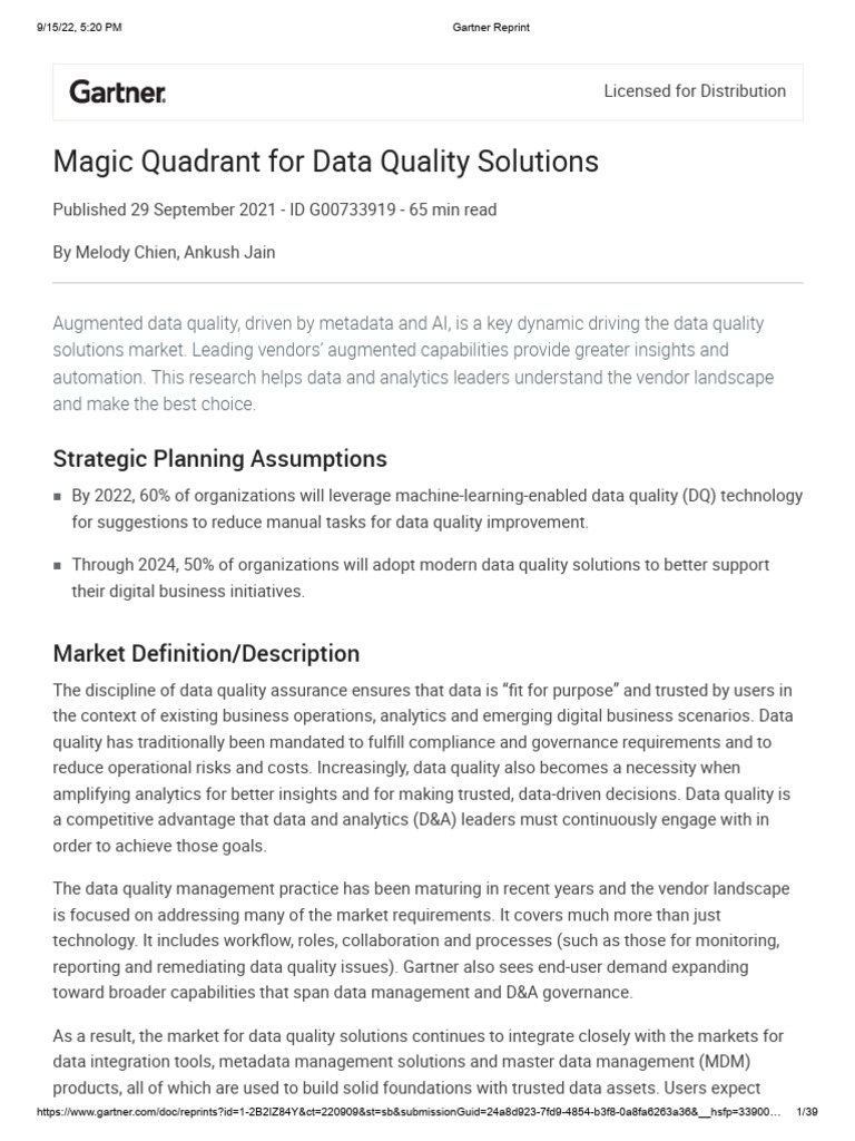 Gartner MQ for DQ Soln Sep 21 | PDF | Data Quality | Cloud Computing