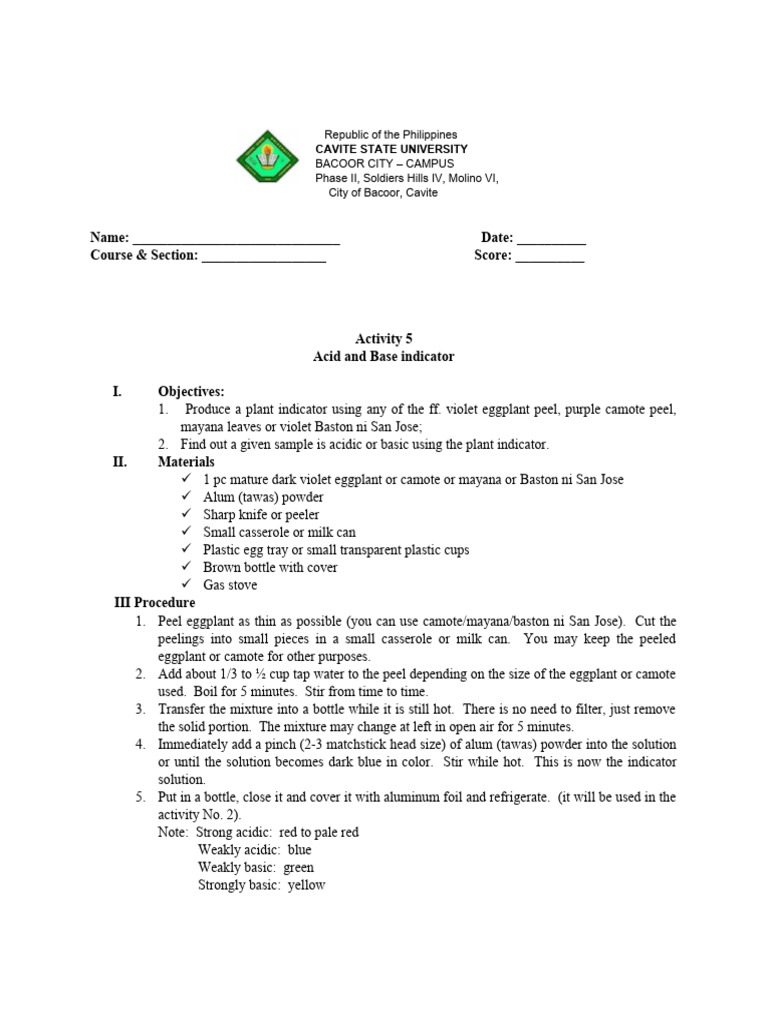 Chem. Lab. Activity 5 Acid Base Indicator | PDF | Sweet Potato | Eggplant