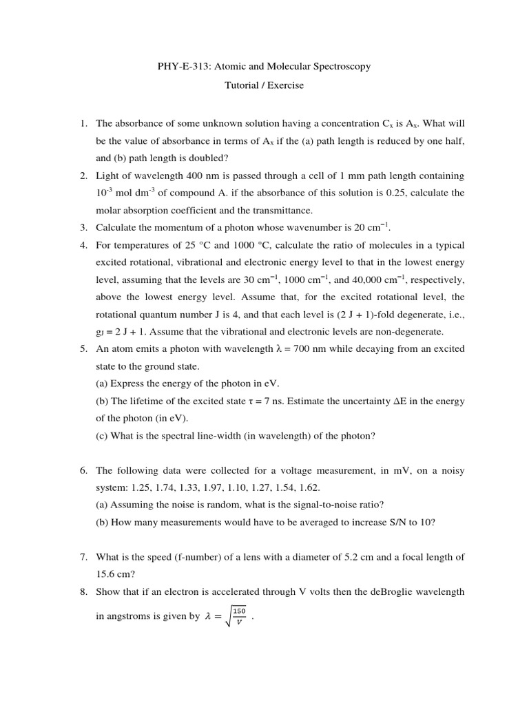 Tutorial-PHY-E313-Atomic and Molecular Physics-Students | PDF | Spectroscopy | Energy Level
