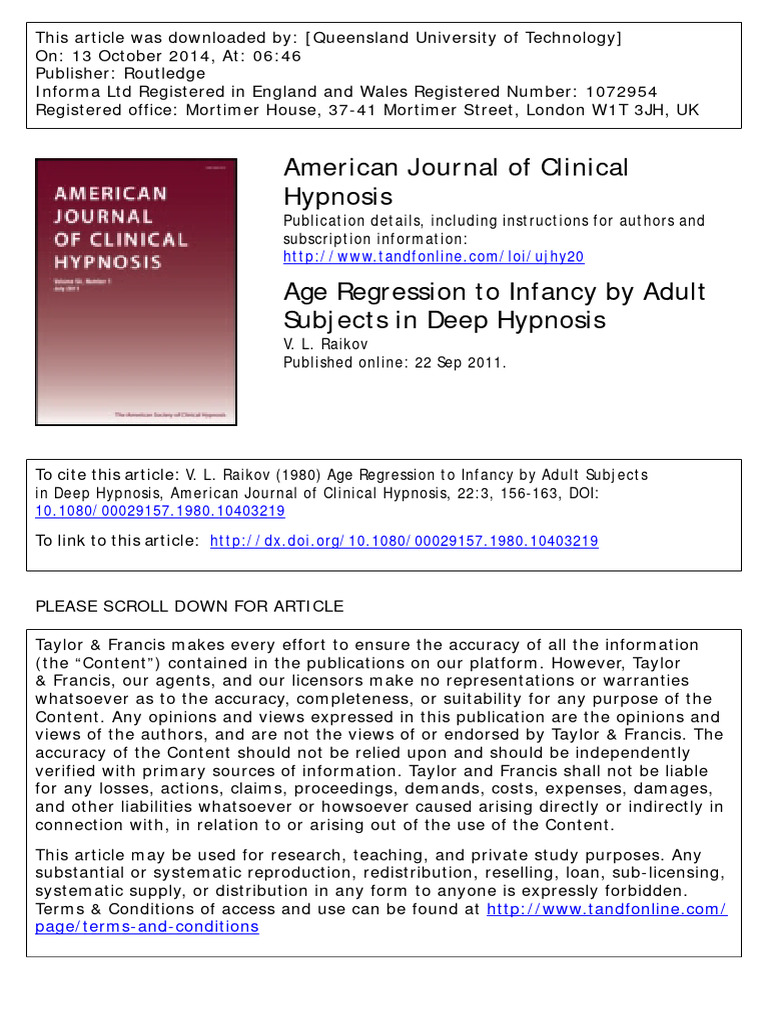 Age Regression in Deep Hypnosis Study | PDF | Hypnosis | Consciousness