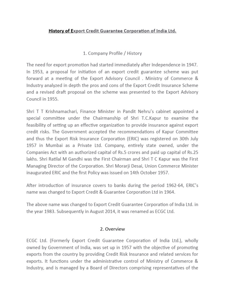 History Of Export Credit Guarantee Corporation Of India Ltd Pdf