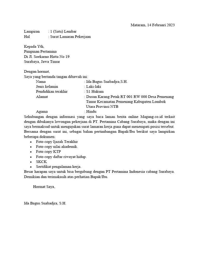 Contoh Surat Lamaran Kerja BUMN Pertamina | PDF