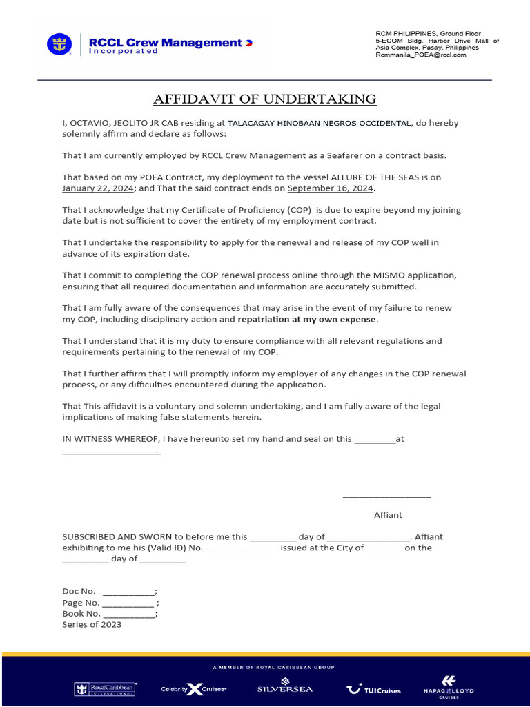 Octavio - Affidavit of Undertaking Cop 1 | PDF | Finance & Money Management