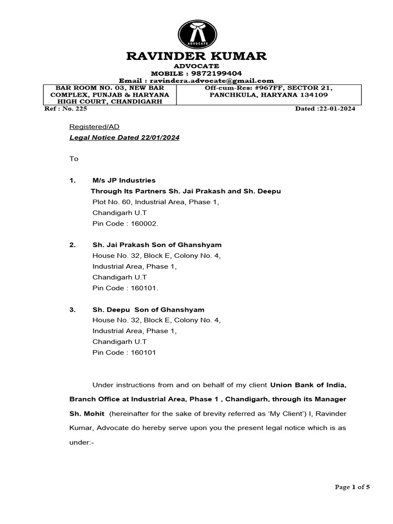 Legal Notice for Cheque Bounce | PDF | Loans | Financial Services