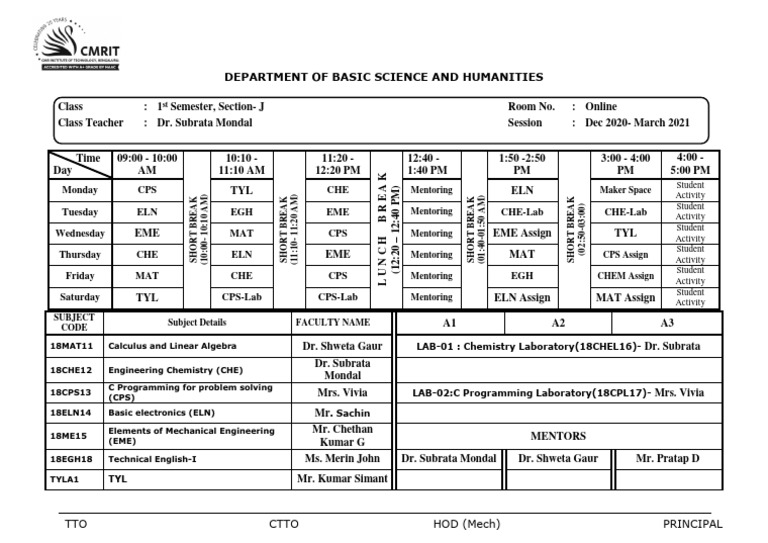 Tme Table_Section-J | PDF | Physical Sciences | Engineering