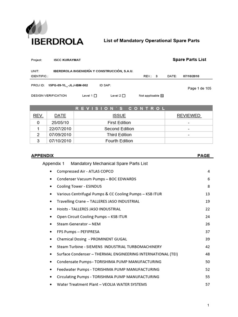 15PG-09-YL-JLJ-IBM-002 Rev 3 Mandatory Spare Parts List | PDF | Pump ...