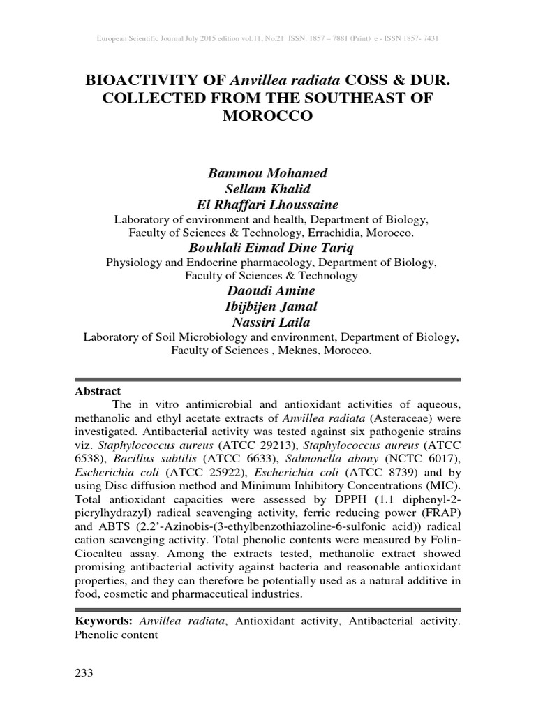 BIOACTIVITY OF Anvillea Radiata COSS and | PDF