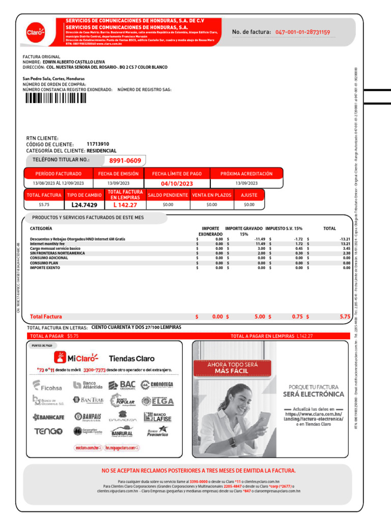 Factura Claro Empresas Honduras | PDF | Factura | Honduras