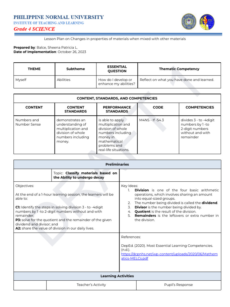 Grade 4 Division Lesson Plan | PDF | Division (Mathematics) | Teachers