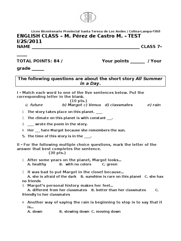 All Summer in a Day Test Questions | PDF