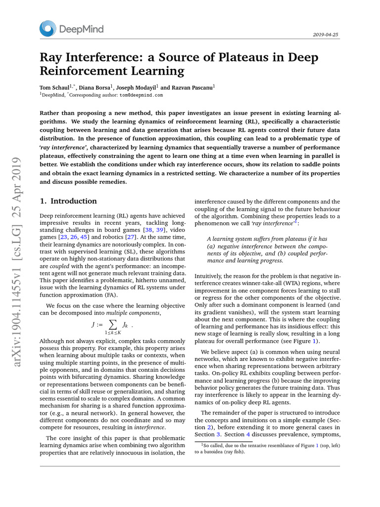 Ray Interference: A Source of Plateaus in Deep Reinforcement Learning | PDF | Learning