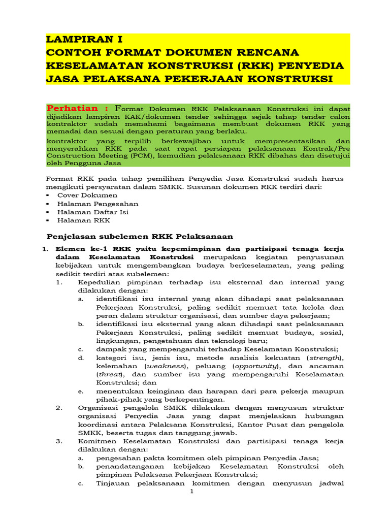 LAMP I - Contoh Format RKK Kontraktor | PDF