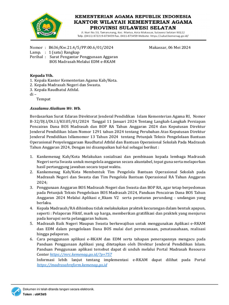 Panduan BOS Madrasah 2024 via e-RKAM | PDF | Pengelolaan Keuangan & Uang