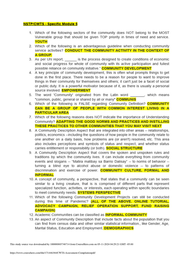 CWTS Assessment Compilation PDF | PDF | Community | Gender