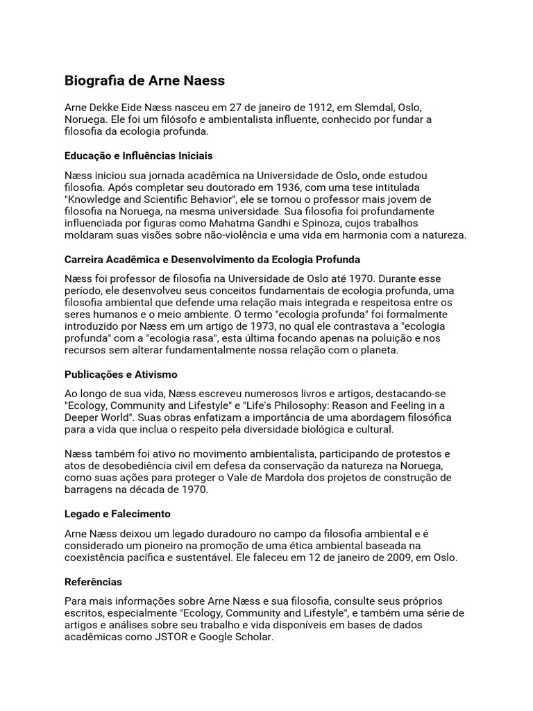 Biografia de Arne Naess | PDF | Filosofia Ambiental | Movimento ambientalista