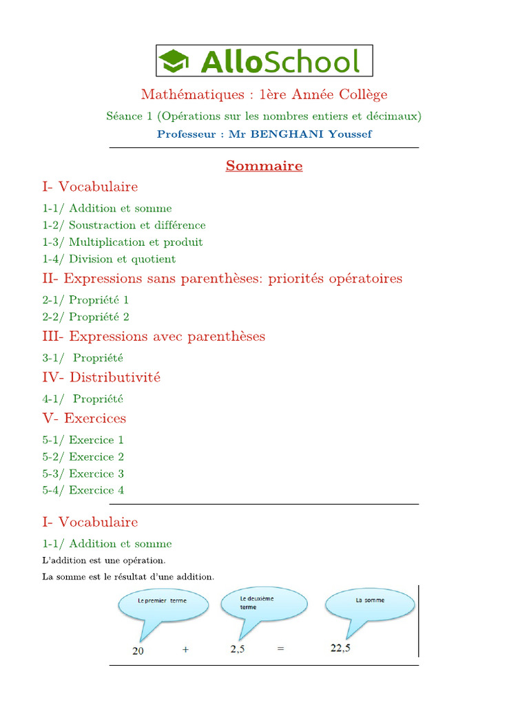 Seance 1 Operations Sur Les Nombres Entiers Et Decimaux | PDF