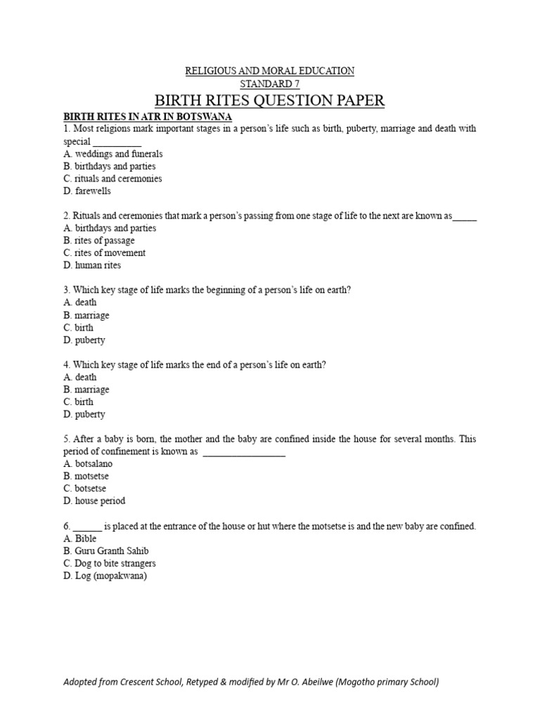 Birth Rites Question Paper | Download Free PDF | Baptism | Religious ...