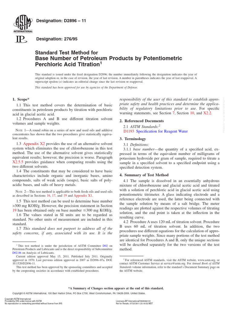 Astm D 2896 - TBN | Download Free PDF | Titration | Chemistry