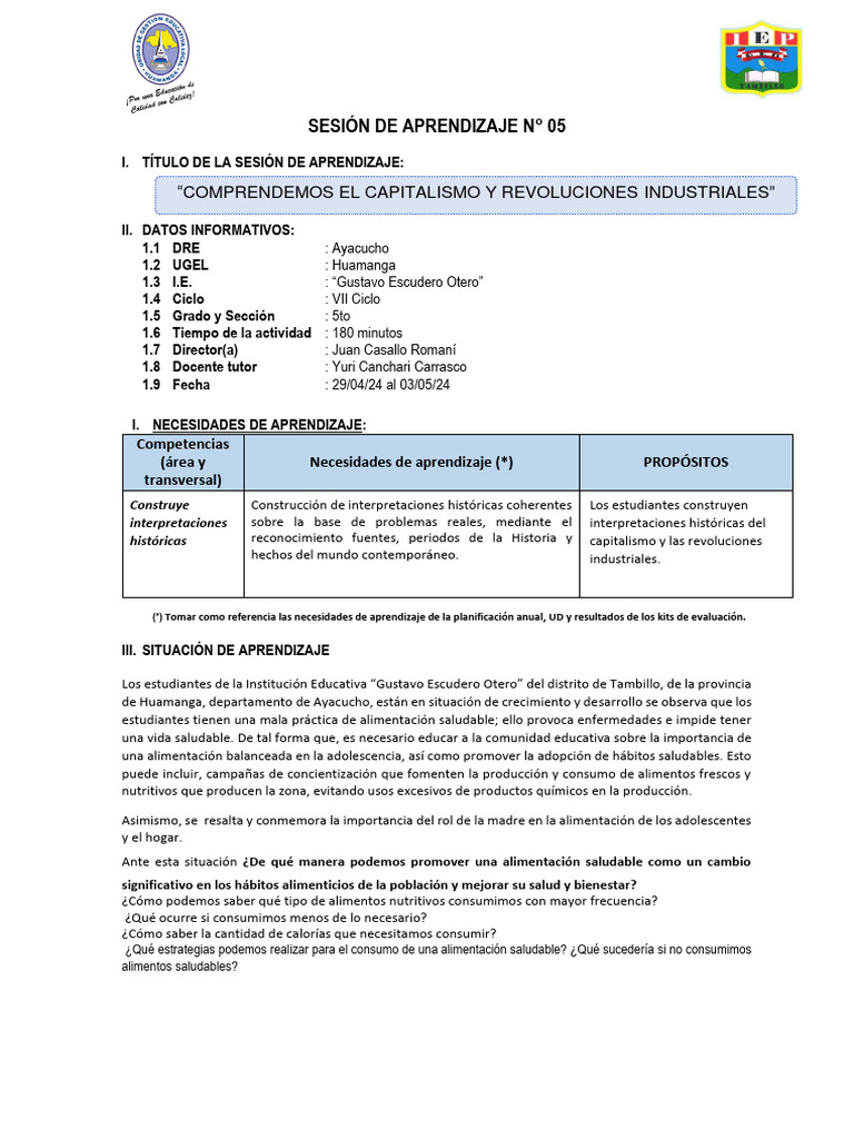 SESIÓN 5to_05 | PDF | Aprendizaje | Alimentos