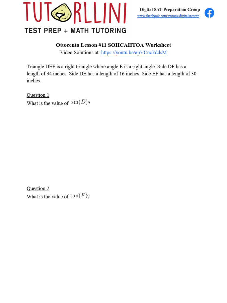 Ottocento Lesson #11 SOHCAHTOA Worksheet | PDF | Trigonometry ...