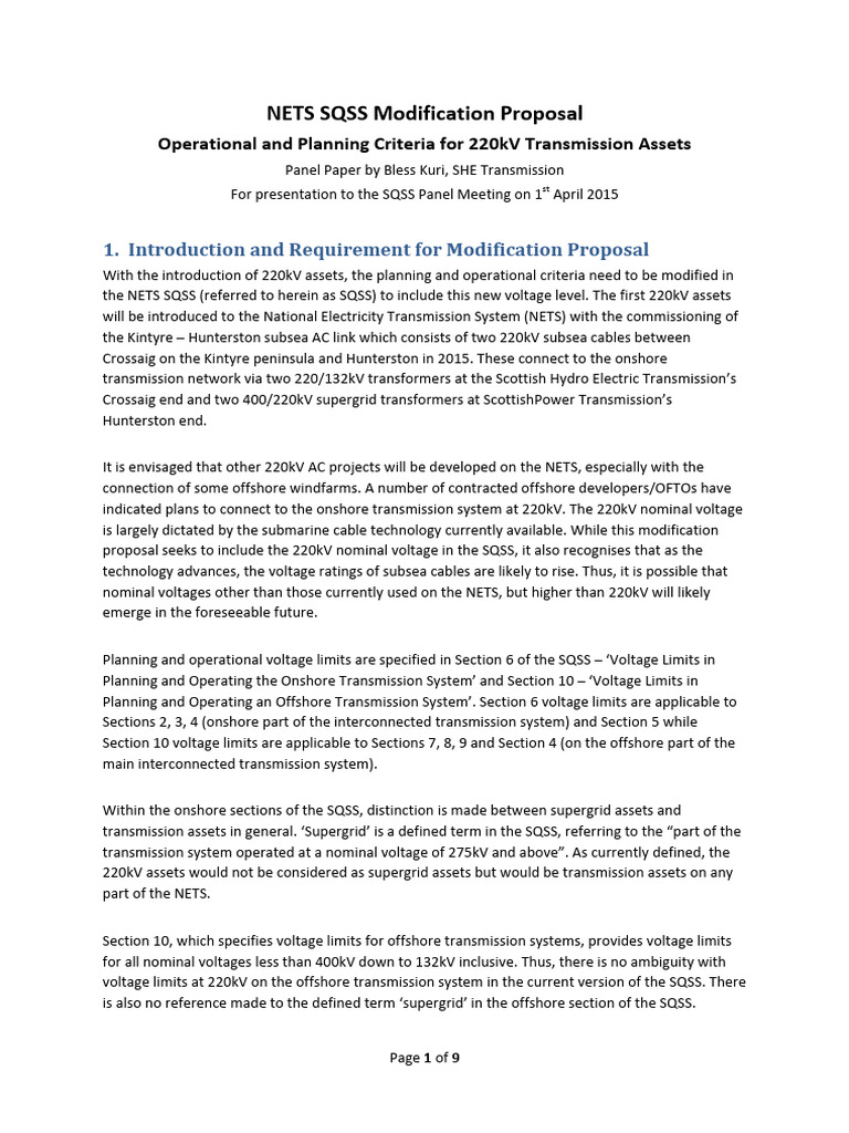 40412-NETS SQSS Modification Proposal 220kV Transmission Assets - Revised | PDF | Electric Power ...