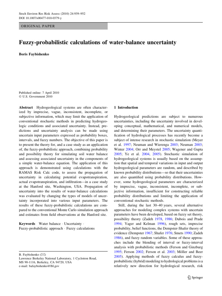 Fuzzy-Probabilistic Calculations of Water-Balance Uncertainty | PDF | Fuzzy Logic | Uncertainty