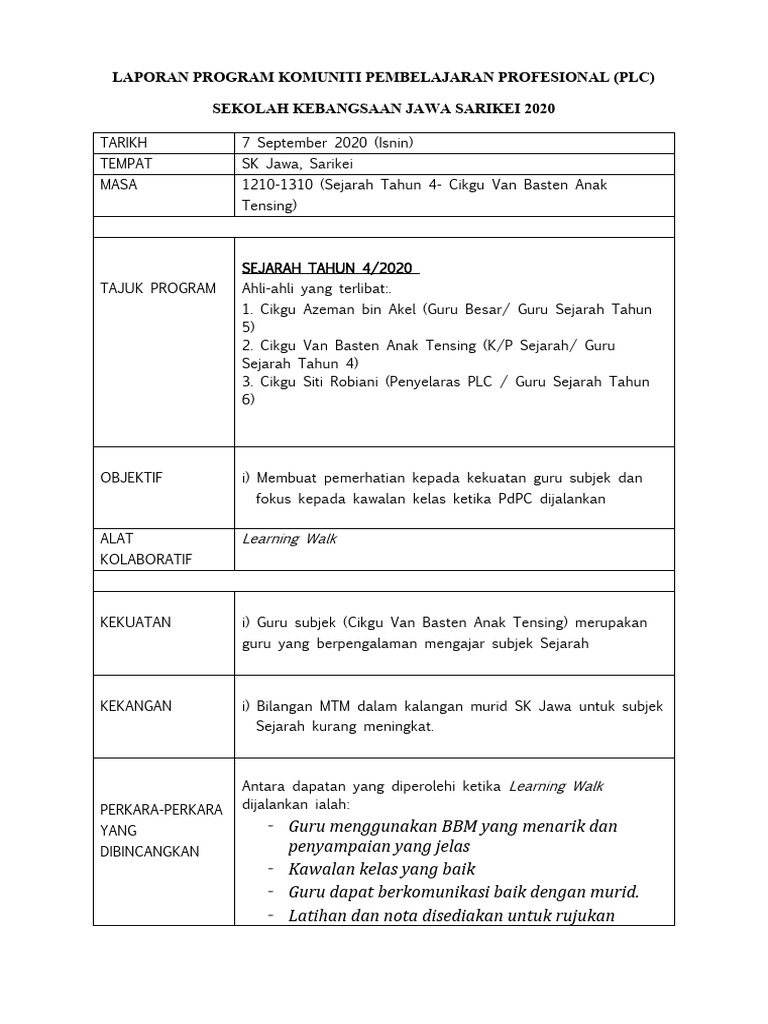 Laporan PLC Sejarah Learning Walk 7sep | PDF | Karier & Perkembangan