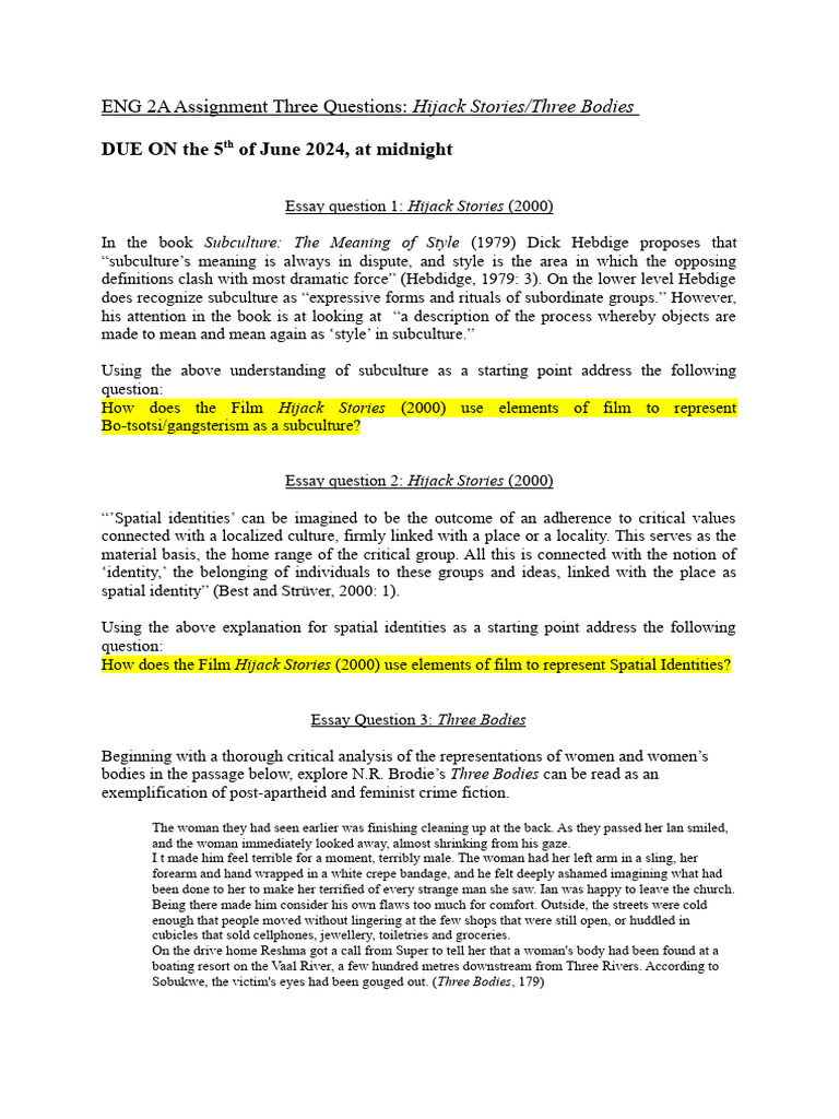 ENG 2A Assignment Three Questions | PDF | Paragraph | Essays