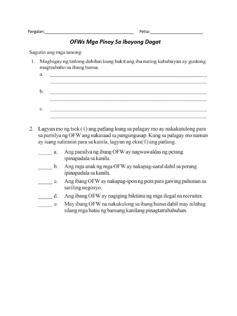 LS5 OFWs Mga Pinoy Sa Ibayong Dagat Worksheet | PDF